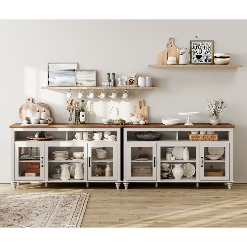 Ophelia Co. White Buffet Cabinet With 4 Doors And 2 Layer Shelf Set Of 2 Large Kitchen Storage Cabinets With Adjustable Shelf Modern Farmhouse Sideboard Credenza For Dining Room Living Room 116 Inch W...